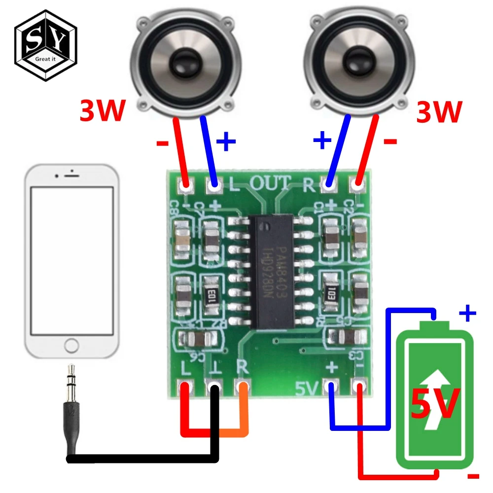 5PCS PAM8403 Super mini digital amplifier board 2 * 3W Class D digital amplifier board efficient ...