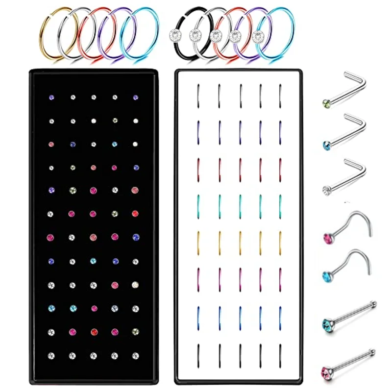 40-60Piece-Stainless-Steel-Nose-Stud-Pack-Crystal-Nose-Piercing-Hoop ...