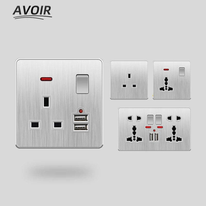 Avoir-Double-Usb-Wall-Socket-Gray-Brushed-Aluminum-Panel-3-5-Hole ...