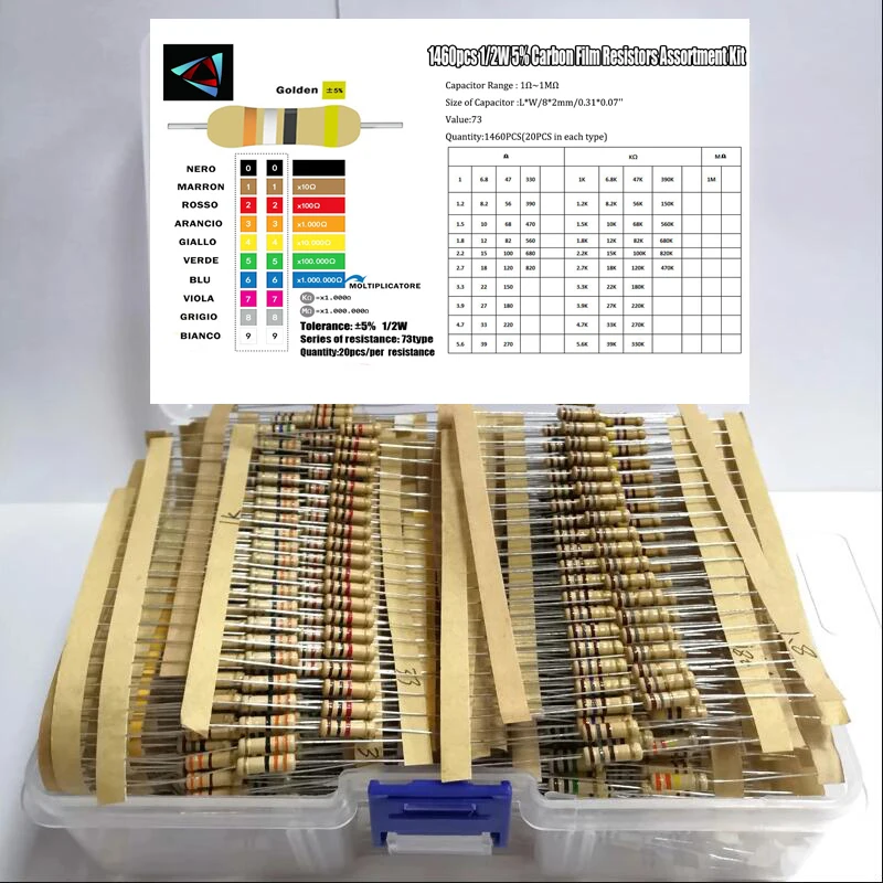 1460Pcs 1/2W 5% 1-1M ohm 73 Values Carbon Film Resistor Kit Box ...