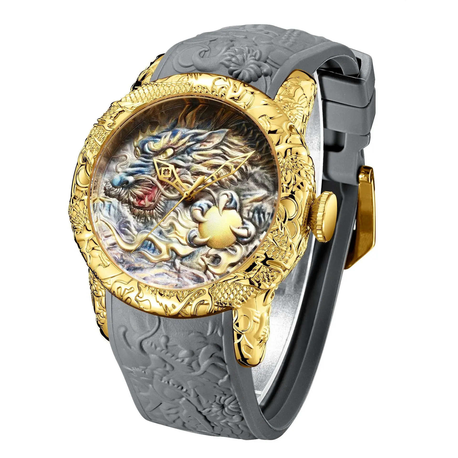 Embossed 3D Dragon Sculpture Watch Men Quartz Watches Waterproof Gold ...