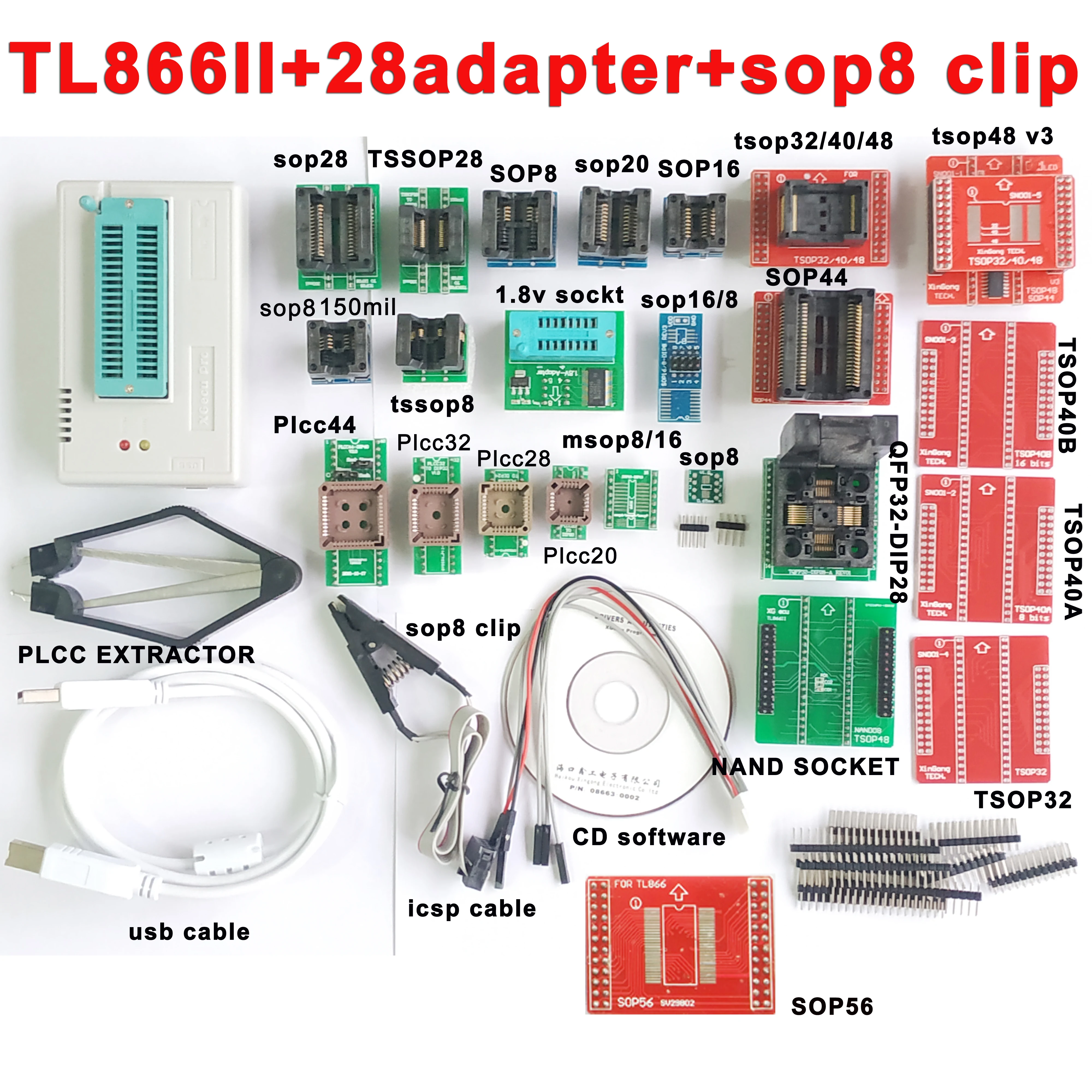 TL866II Plus Minipro Programmer 28 adapter socket SOP8 clip TL866 nand flash 24 93 25 mcu Bios ...