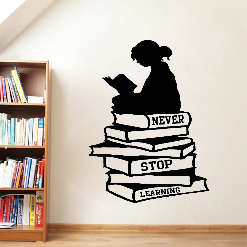 Education Inspirational Wall Sticker Girl Reading Books Never Stop ...