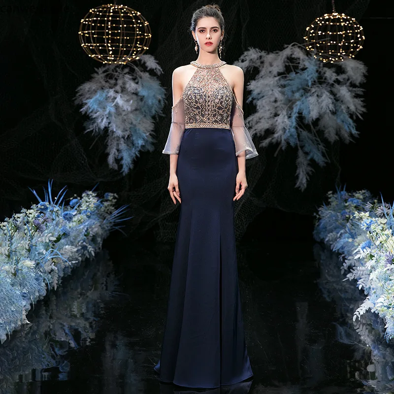 Vestido-De-Festa-Para-Casamento-New-Lace-Crystal-Trumpet-Sleeves-Gold ...