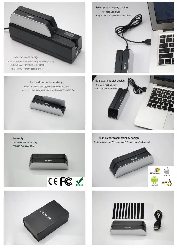 Считыватель магнитных карт MSRX6 MSR X6 USB, совместимый с MSR605X ...