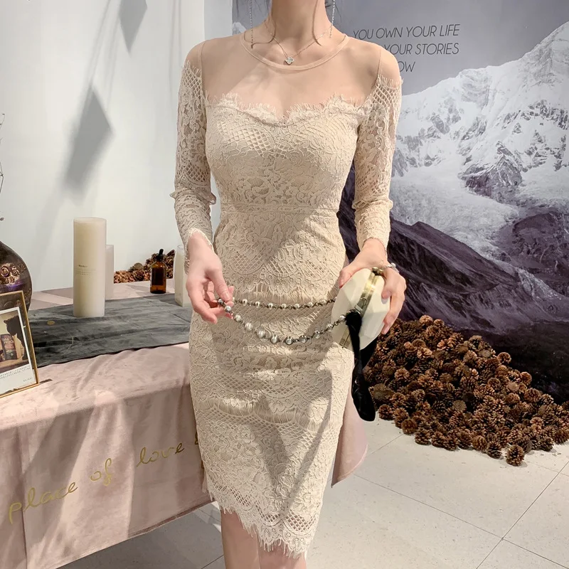 Beige Lace Cocktail Dress