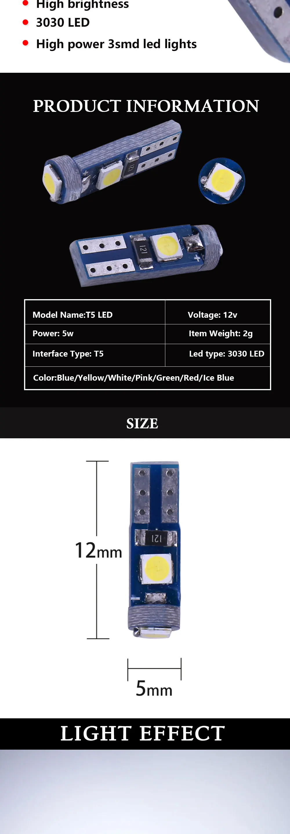 ECLAIRAGE TABLEAU DE BORD,Ice blue--ampoule Led T5 12V, 10 pièces, W3W W1.2W Led 3030 3SMD ...