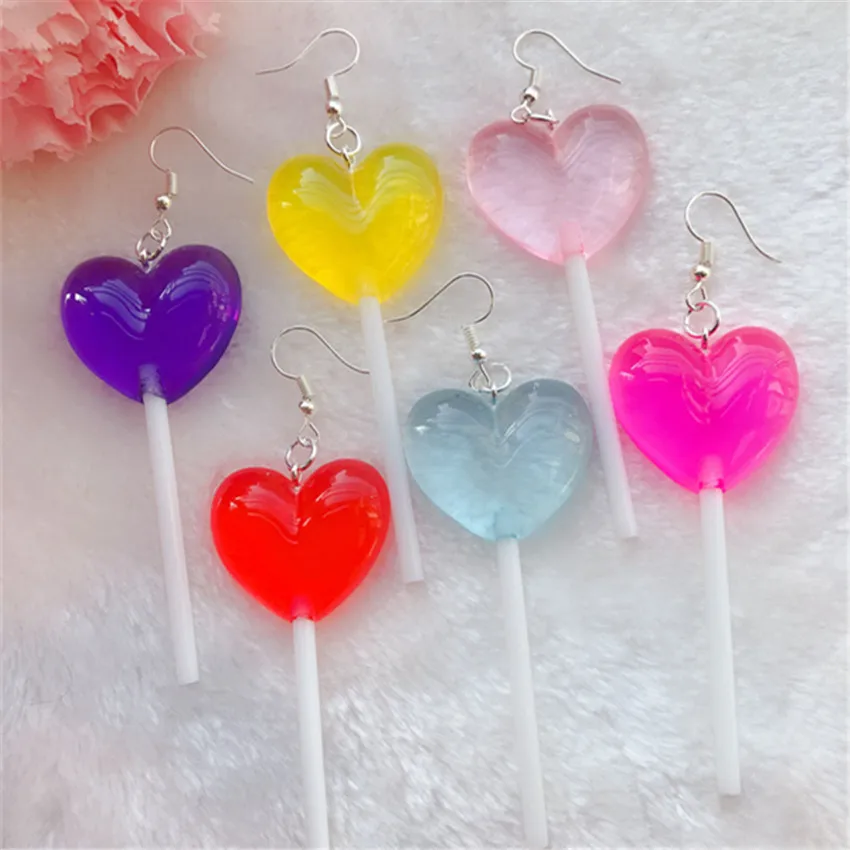 1Pair Cute Women Drop Earrings Flatback Resin Heart Lollipops Jelly ...