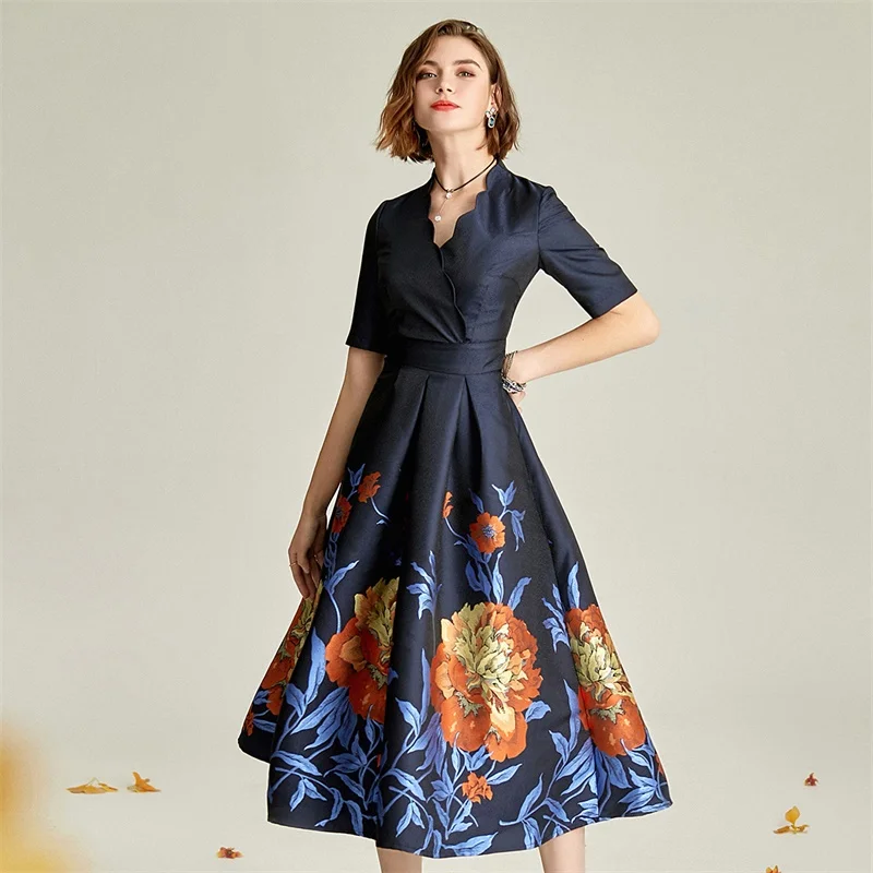 Original Design England Style Floral Jacquard Drss V-neck Women Luxury ...