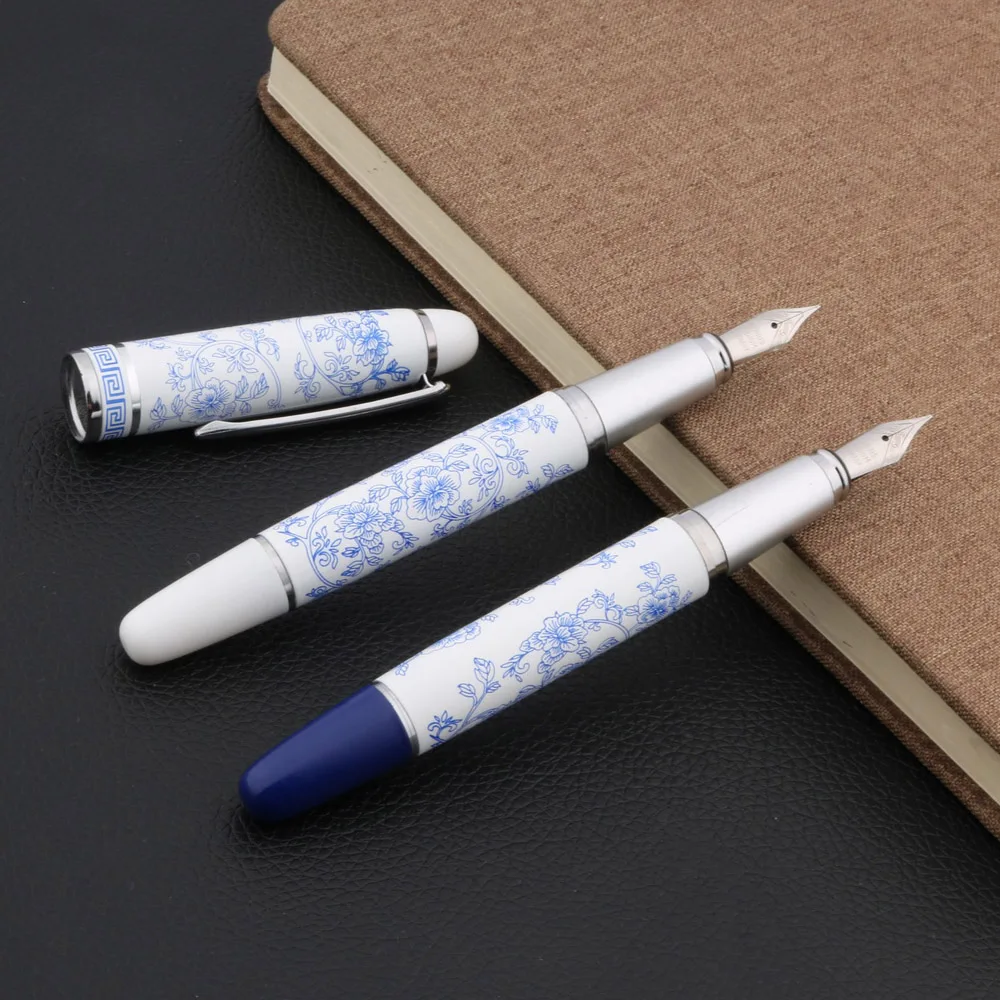 luxury-Fountain-Pen-High-quality-Blue-and-white-Silver-Smooth-flowers-M ...