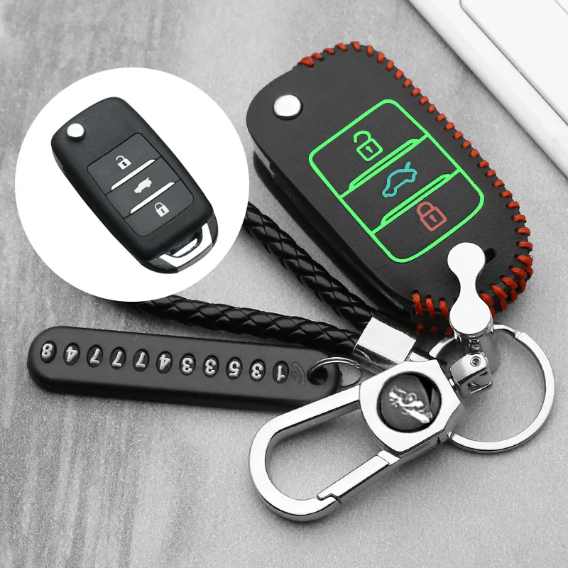 Luminous Car Key Case Real Leather Flip Remote Fob Shell Cover Keychain ...