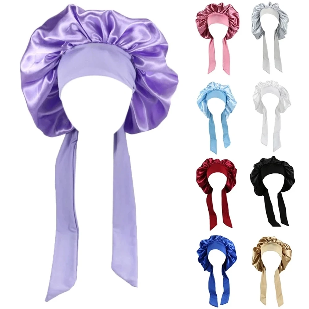 Women Satin Solid Sleeping Hat Night Sleep Cap Hair Care Bonnet ...