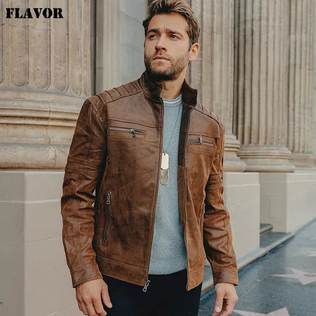 New Men's Genuine Pigskin Leather Motorcycle Jacket Natural Leather Jacket
