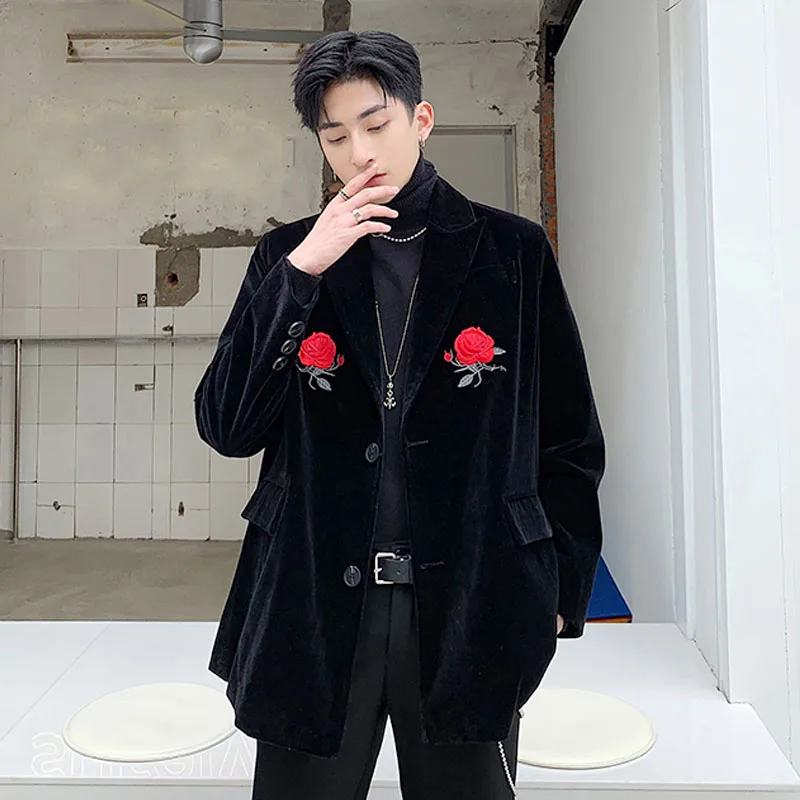Men Velvet Rose Embroidery Casual Blazer Jacket Male Vintage Fashion ...