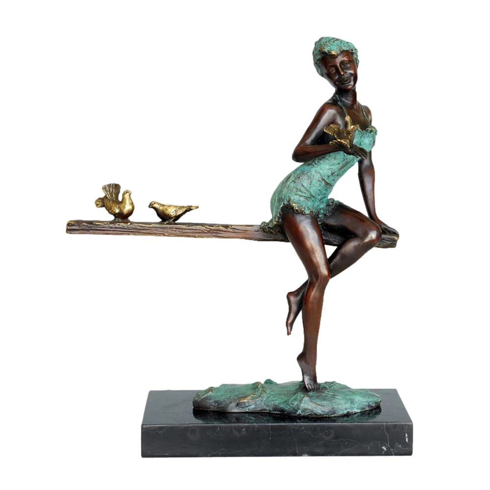 Lady Feeding Birds Bronze Sculpture Loving Female Statue Green Marble ...