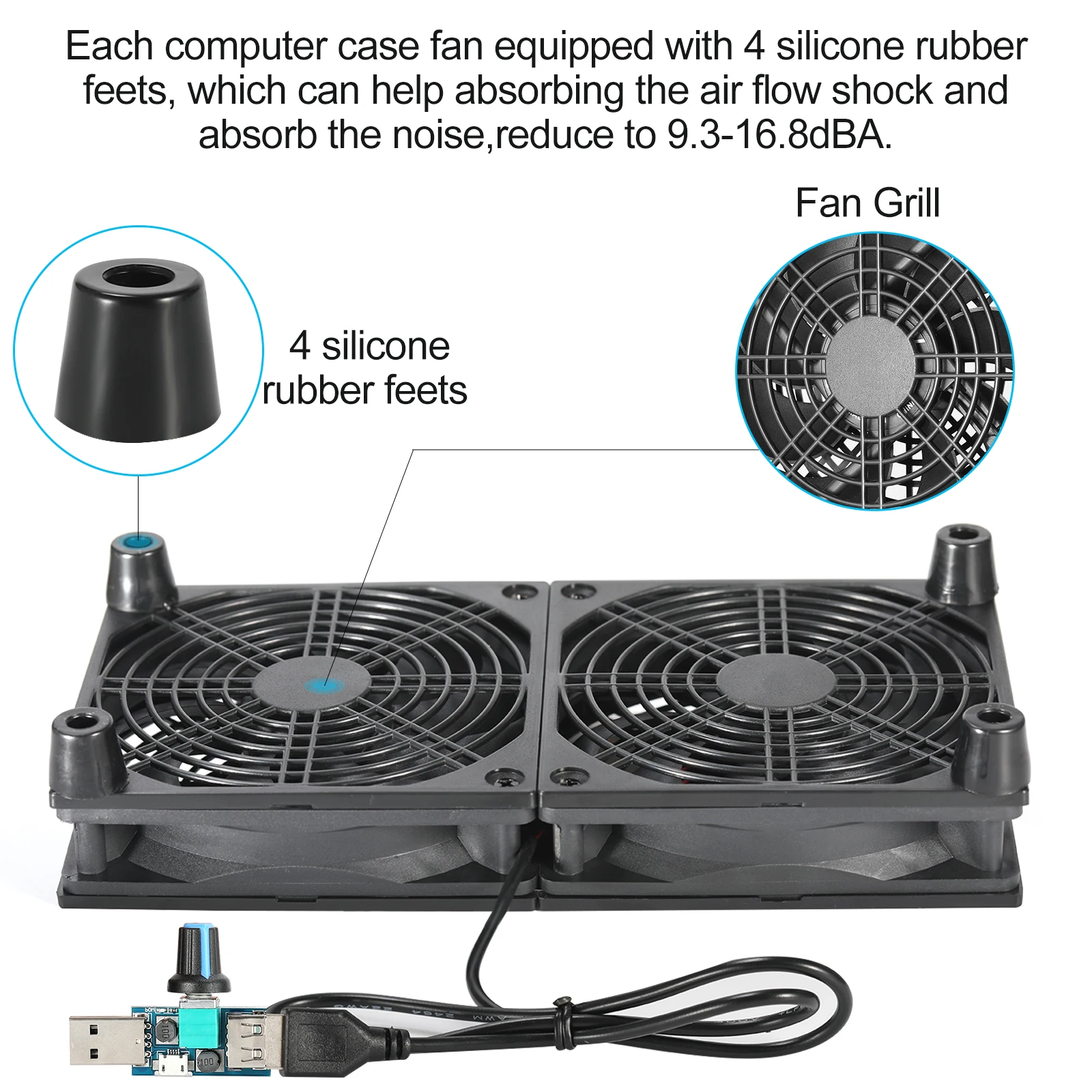 Dual 120mm 5V USB Powered PC Router Fans with Speed Controller High Airflow Cooling Fan for ...
