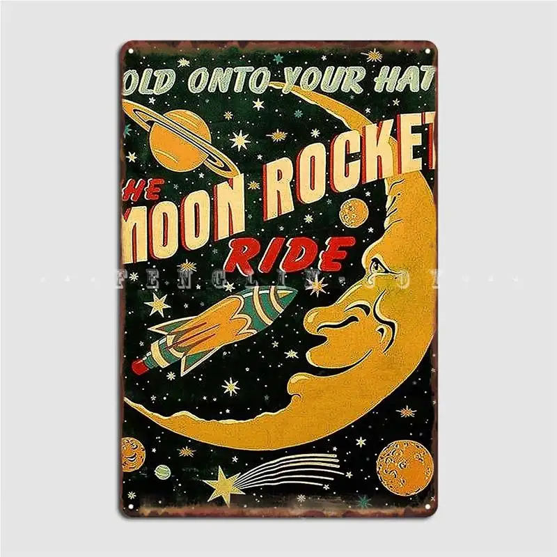 Moon Rocket Ride, cartel de placa de Metal con ilustración divertida ...