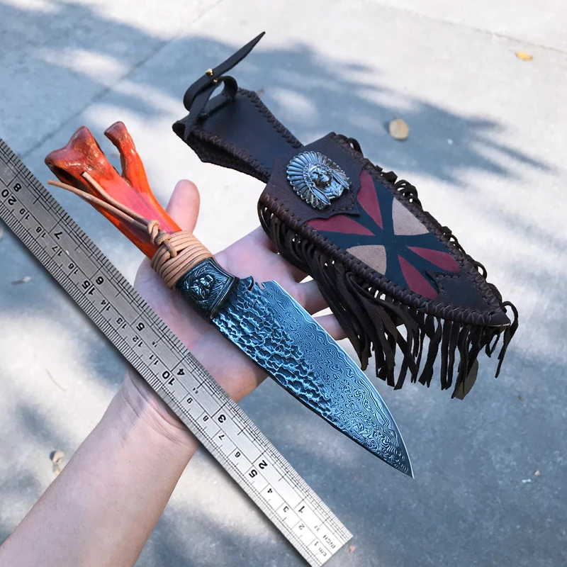 Damascus Hunting Knife Bone Handle