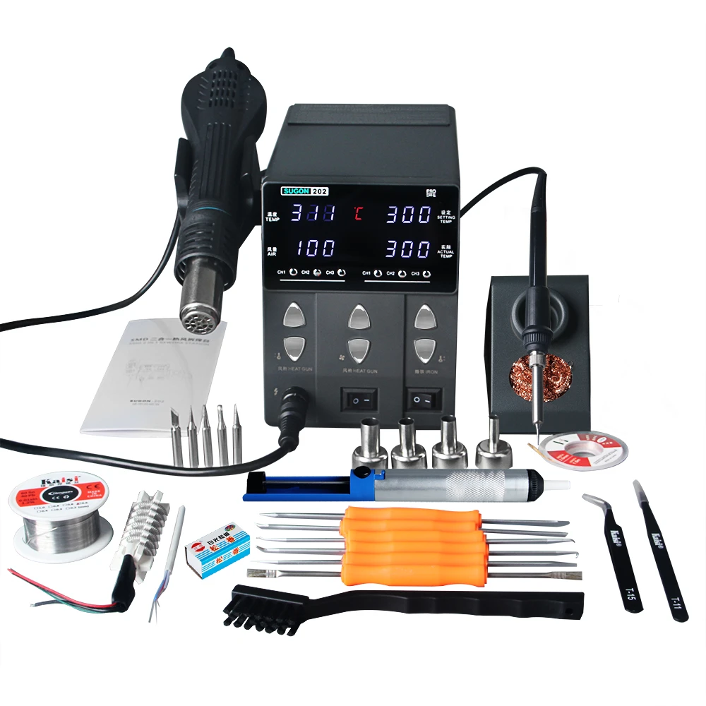 SUGON 202 Estación de soldadura 2 en 1, pistola de aire caliente, retrabajo, soldador eléctrico ...