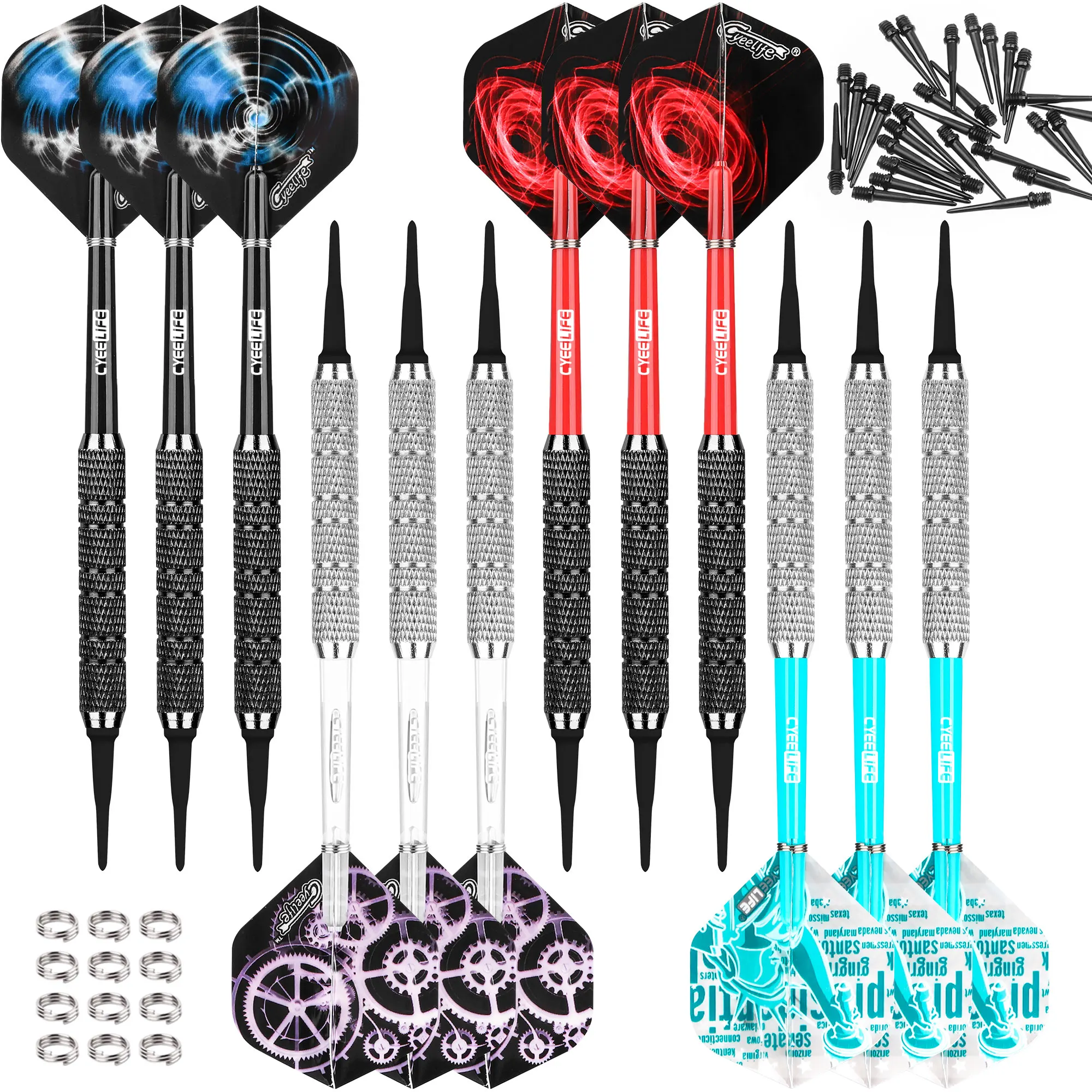 CyeeLife 16g Soft tip darts 12 Packs,12 PVC Shafts 4 Colors+12 Flights+30 Plastic Points+Metal Rings