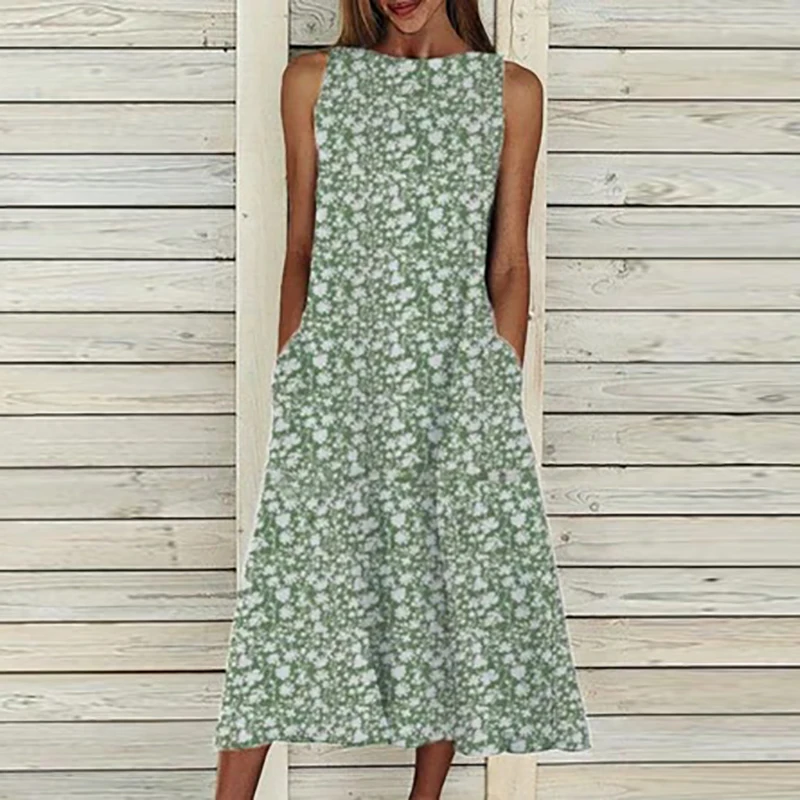 Fashion Retro Casual O Neck Sleeveless Loose Boho Midi Dress