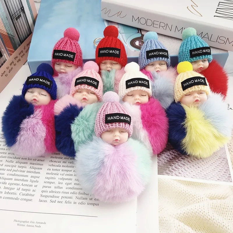 NEW Cute Sleeping Baby Doll KeyChains Plush Keychains Fluffy Pom pom ...