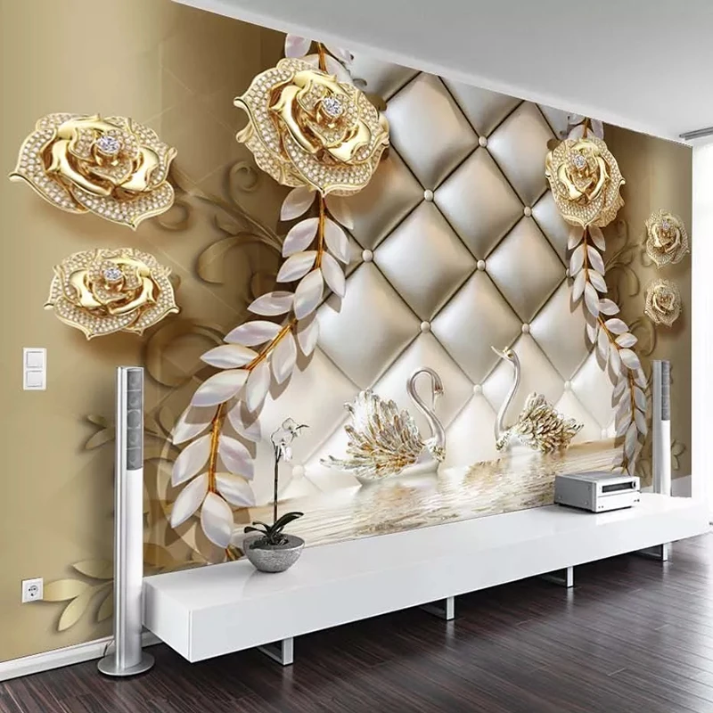 Custom Any Size Mural Wallpaper 3d Stereo Golden Jewelry Flowers Soft ...