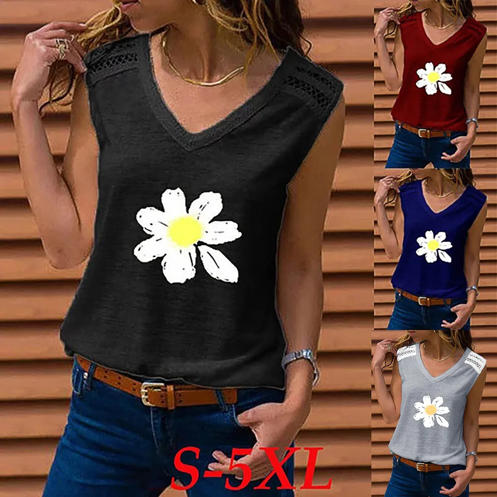 Jaycosin 5XL Womens Tops And Blouses Summer Sleeveless V Neck Daisy ...