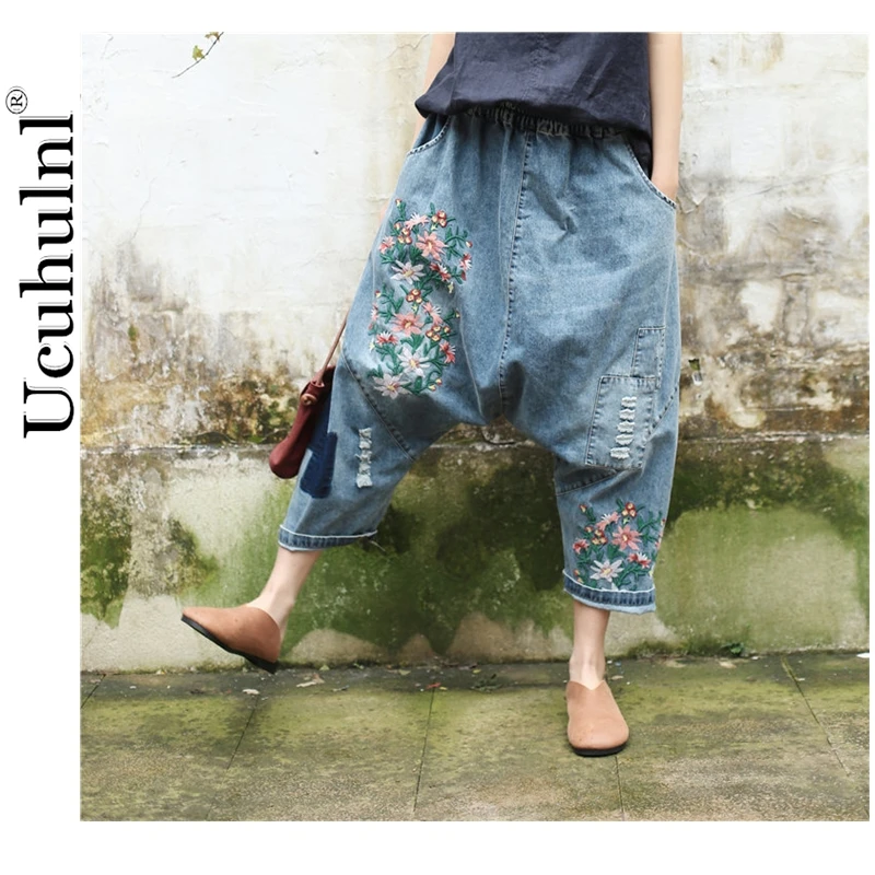 Women Baggy Low Crotch Denim Pants Plus Size Elastic Waist Floral Embroidered Jeans Hip Hop ...