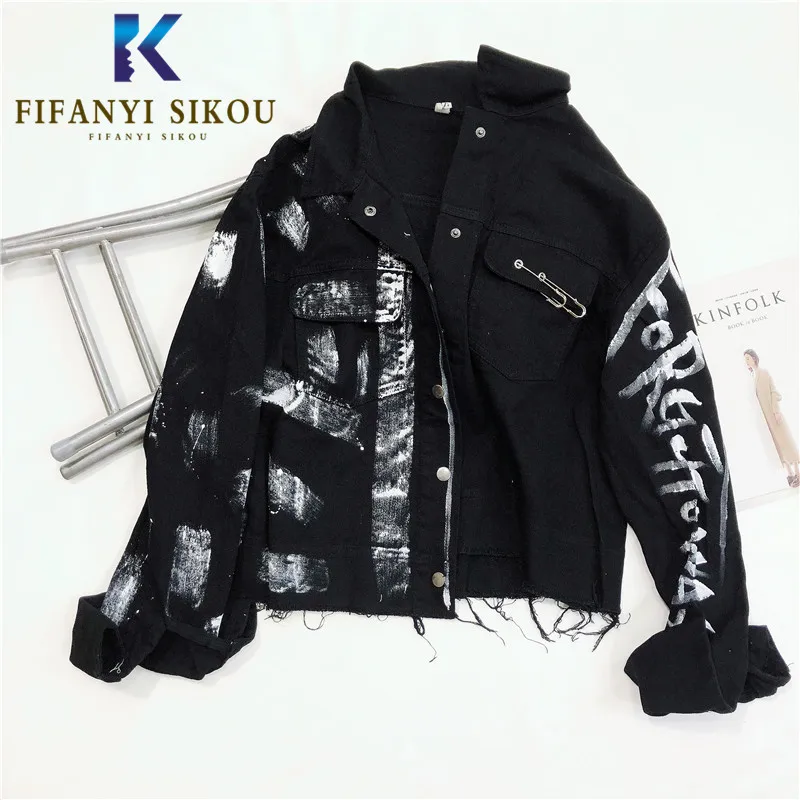Streetwear Women Denim Jacket Fashion Graffiti Print Long sleeve Jeans ...