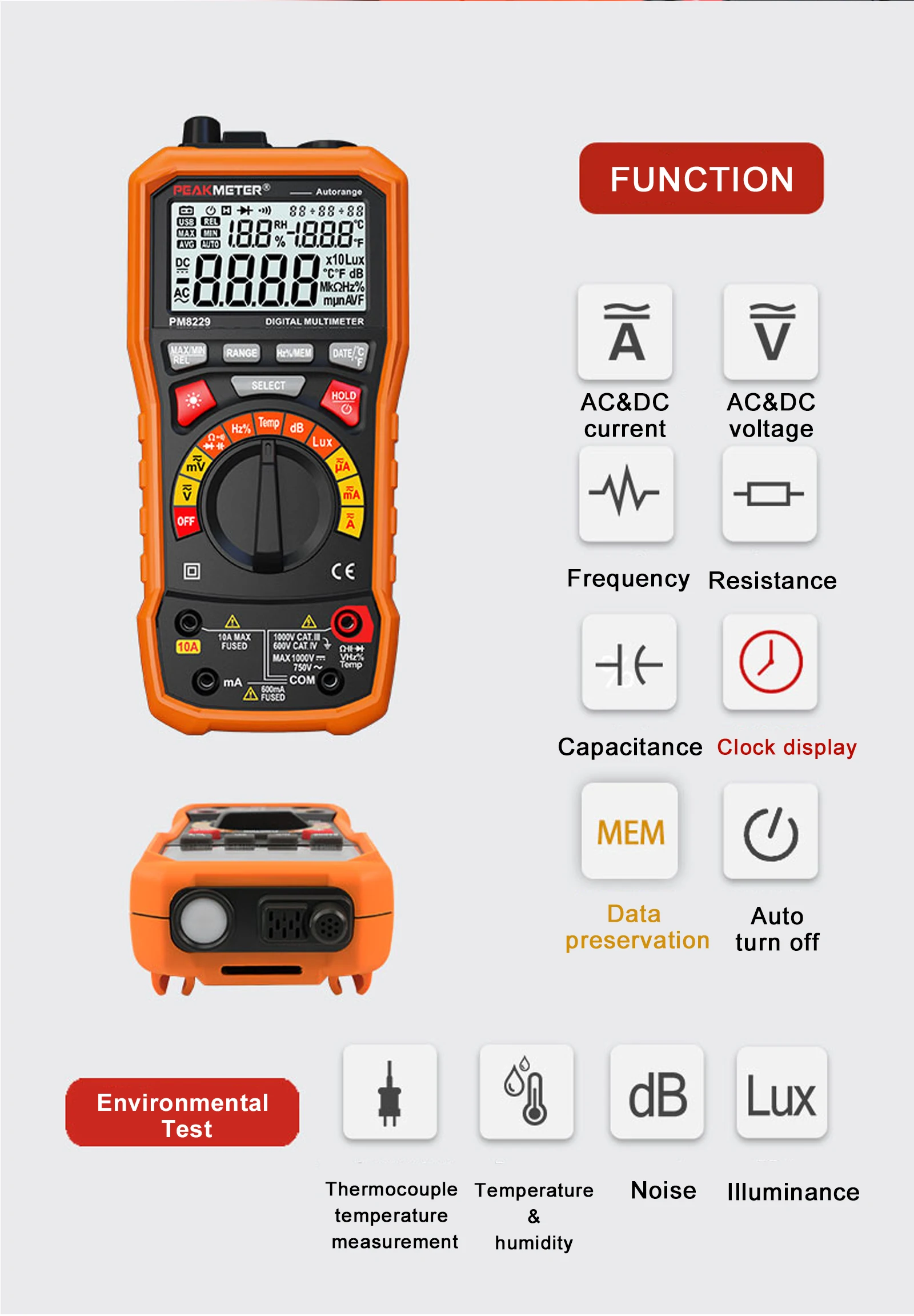 PEAKMETER PM8229 5 in 1 Auto Digital Multimeter With Multi-function Lux ...