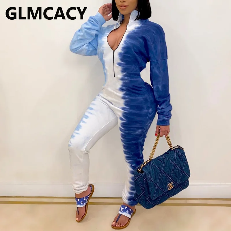 Women Tie Dye Printed Zipper Front Jumpsuit Slim Chic Ovveralls ...