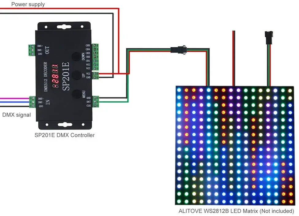 WS2812B WS2811 DMX to SPI Controller Decoder, W/ 99 Color Modes, SP201E 5 Channel DMX 512 RGB WW ...
