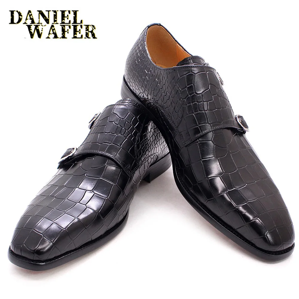 2021 Luxury Italian Mens Cow Leather Pointed Toe Shoes Double Buckles ...