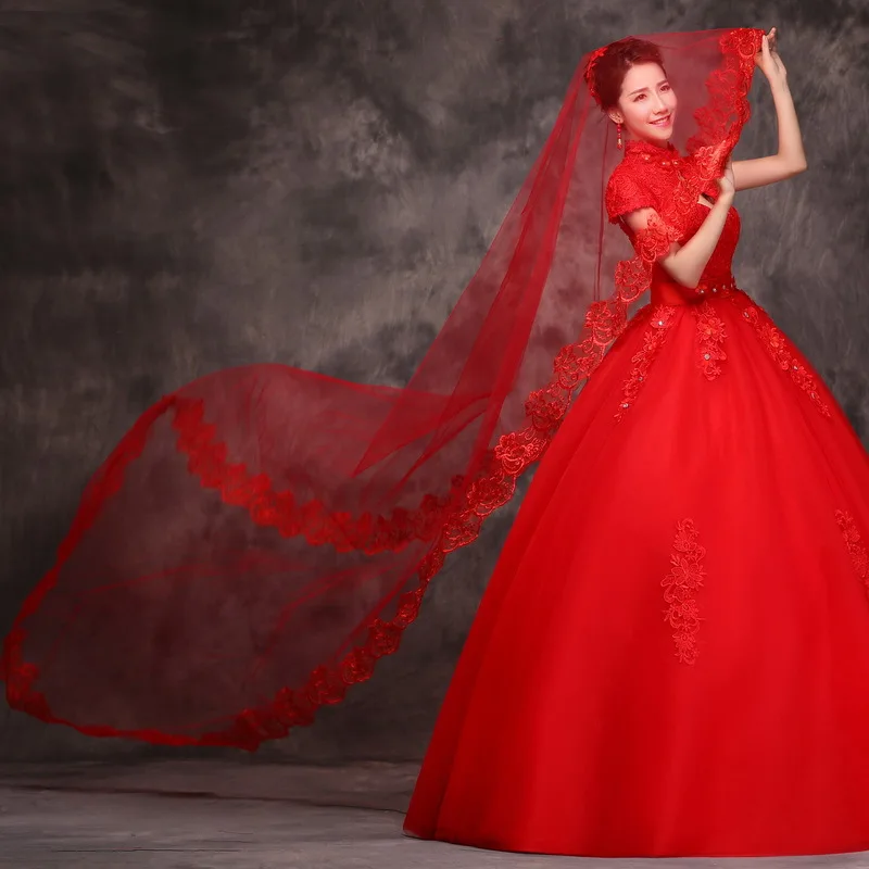 Red Wedding Veils 1.5/3/5m Bridal Veil Lace Edge Wedding Accessories ...