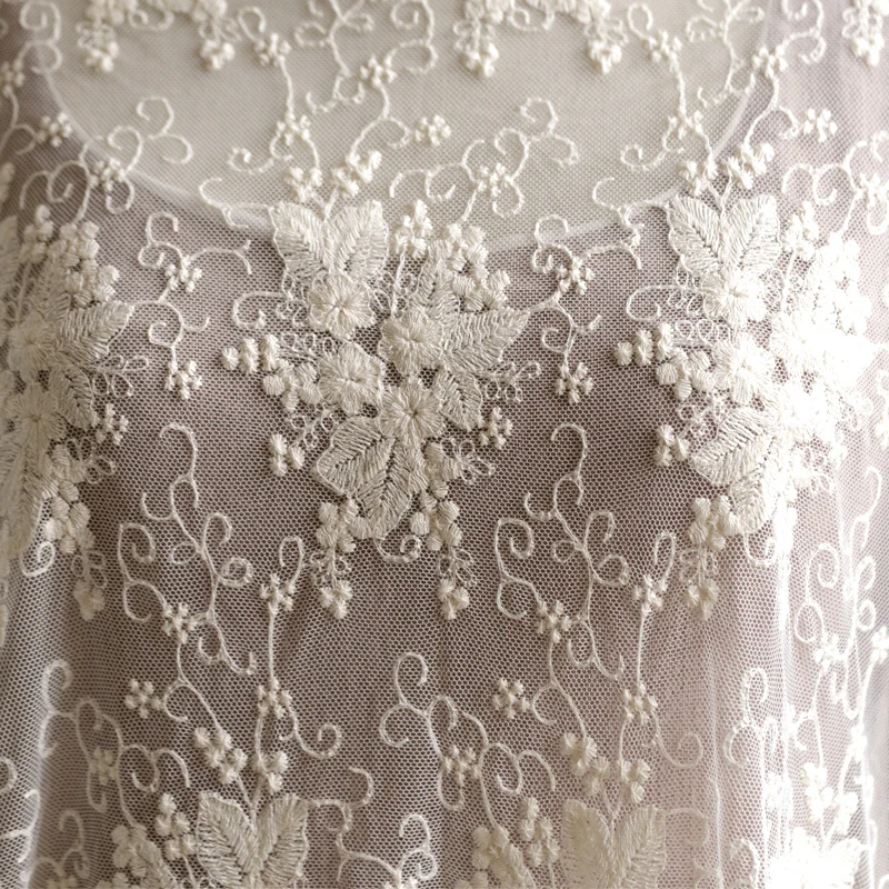 Beautiful-135cm-Width-1M-lot-3D-Embroidered-Beige-White-Lace-Fabric ...