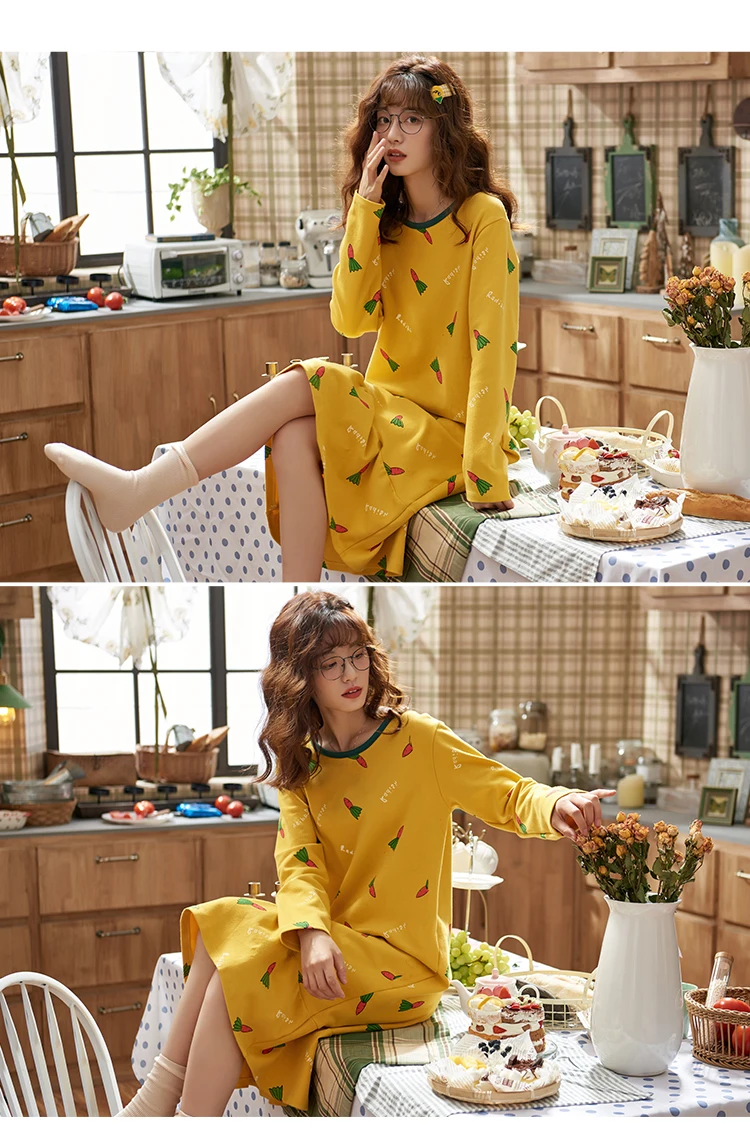 Женские хлопковые ночные рубашки Милая Ночная рубашка пижамы с длинным рукавом весна осень