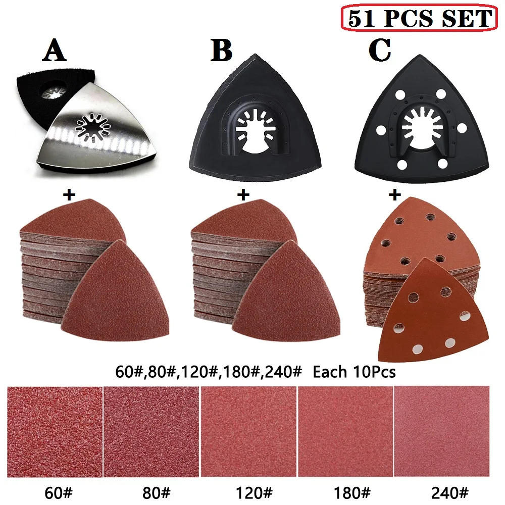 51 Pcs Triangle Sanding Pad Set Quick Release for Oscillating ...