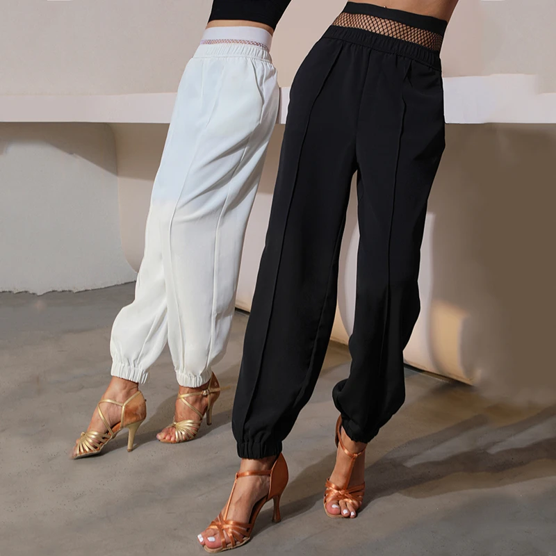 Soft Latin Dance Pants For Women White/black Trousers Net Waist Cha Cha ...