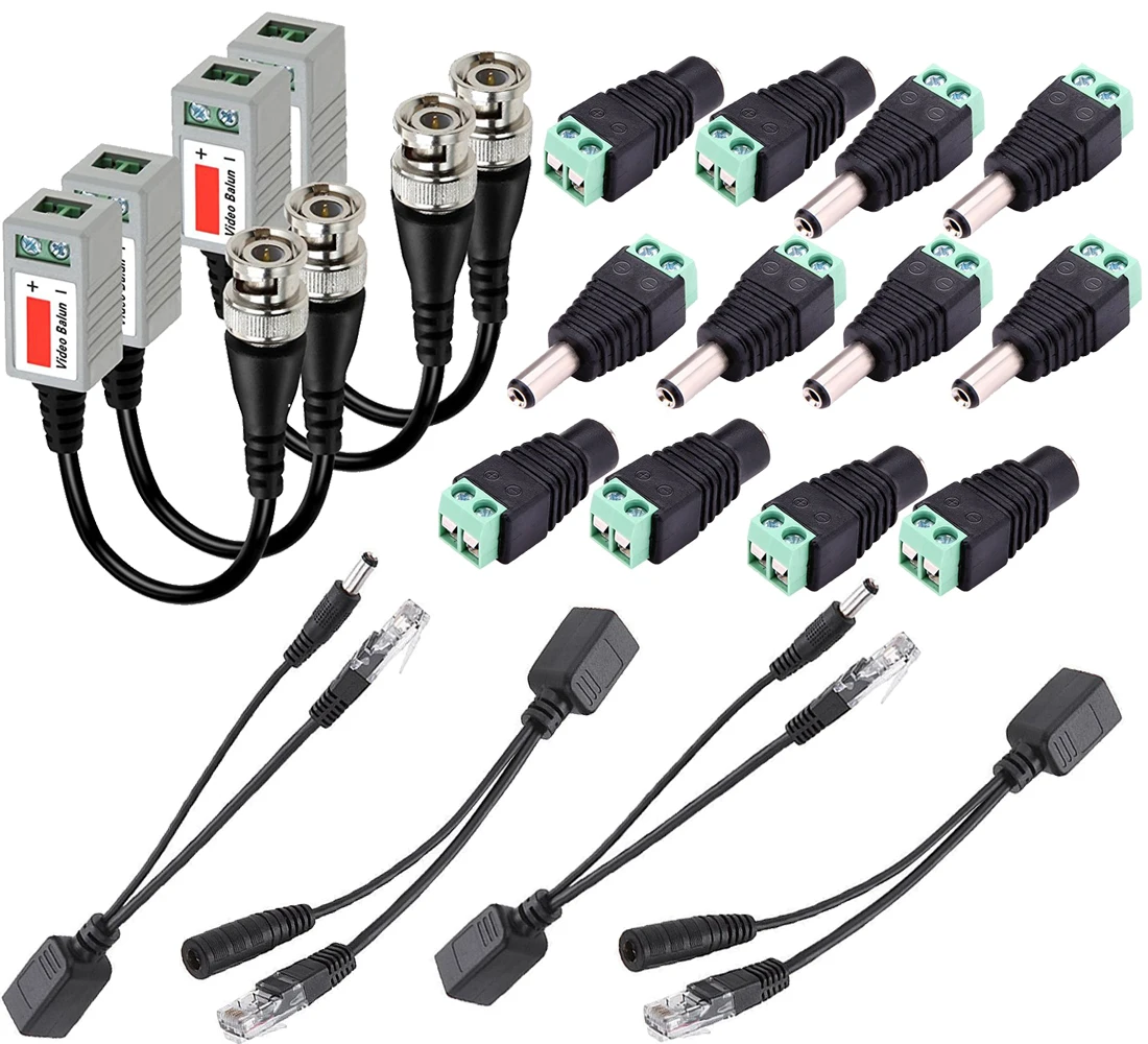 BNC Video Balun+Ethernet PoE Adapter RJ45 Injector Splitter+12V DC Male Female Plug Connector ...