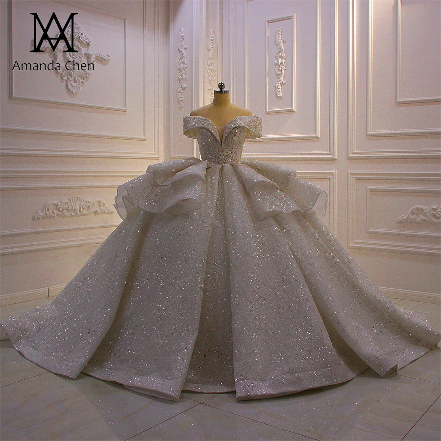 Robe Mariage Femme Off Shoulder Pleat Folds Glitter Shiny Wedding Dress ...