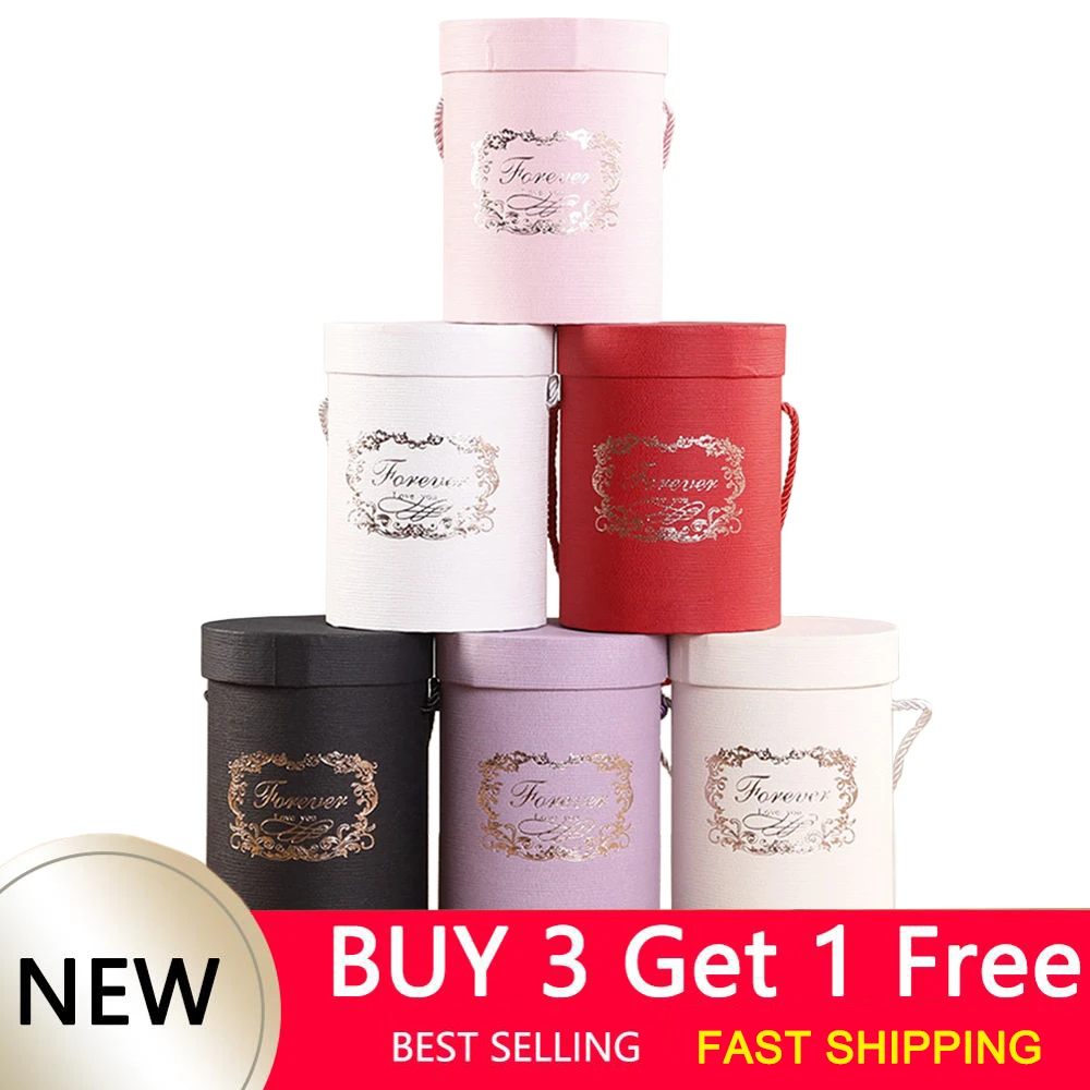 4 Pcs Round Flower Paper Boxes Lid Hug Florist Flowers Bucket Gift ...