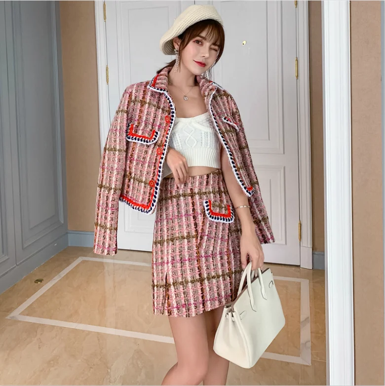 2019 Office Lady Plaid Tweed 2 Piece Set Women Autumn Winter Wool blend ...