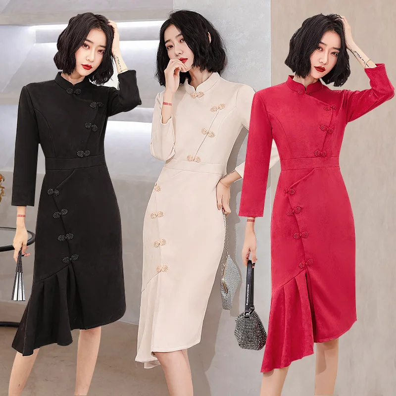 Novelty-Ruffle-Women-Cheongsam-Elegant-Slim-Qipao-Vintage-Chinese-Dress ...