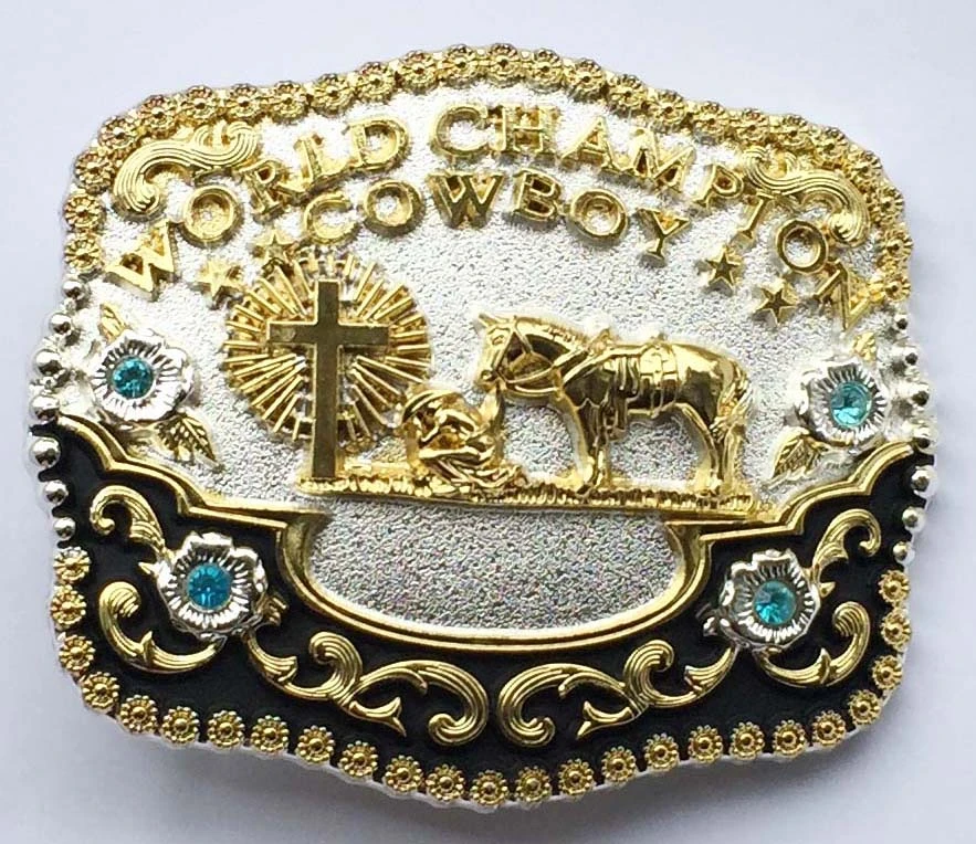 World Champion Cowboy With Diamonds Cross And Horse Western Belt Buckle ...