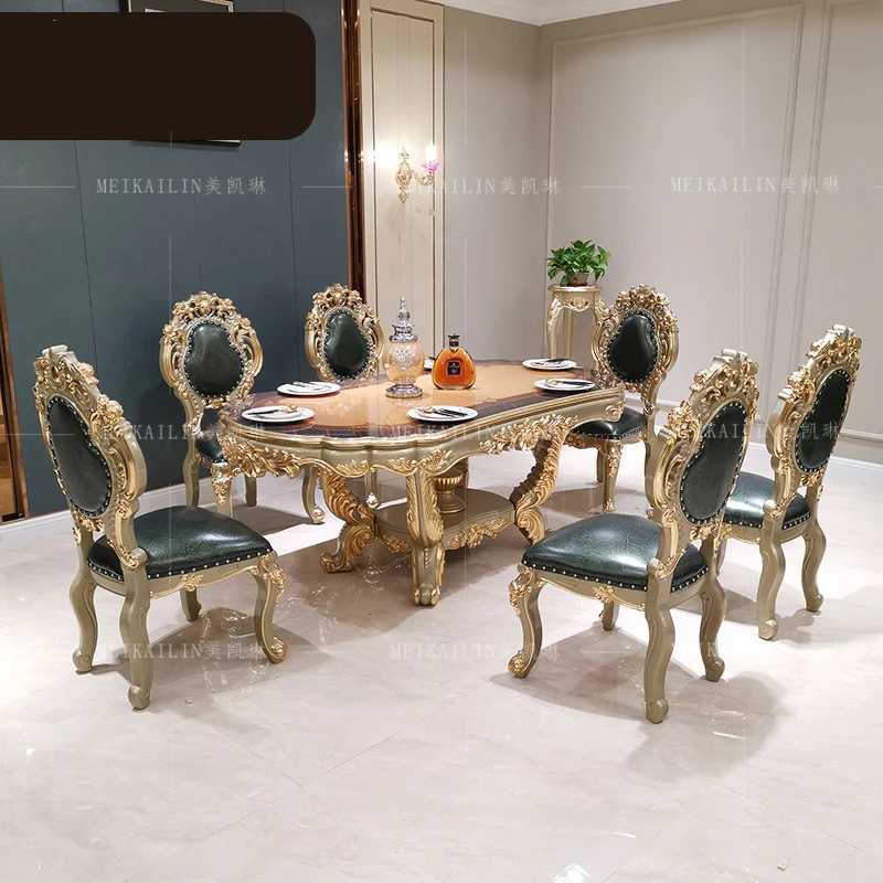 European-style luxury wood carved long dining table, restaurant high ...