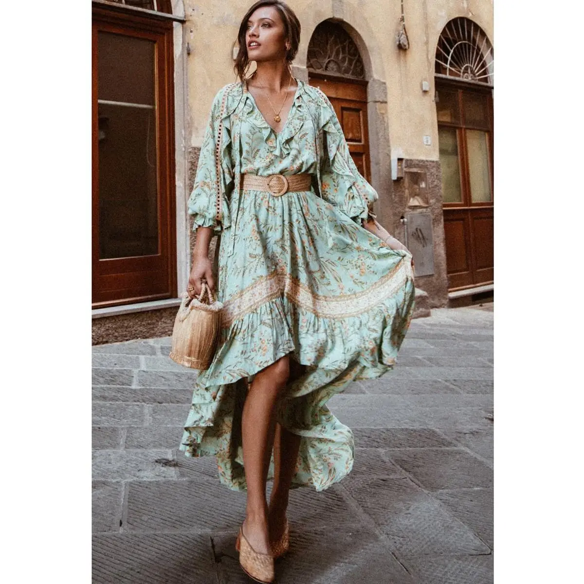 Women Boho Ruffle Sleeve V Neck Shirt Casual Turquoise Floral Print ...