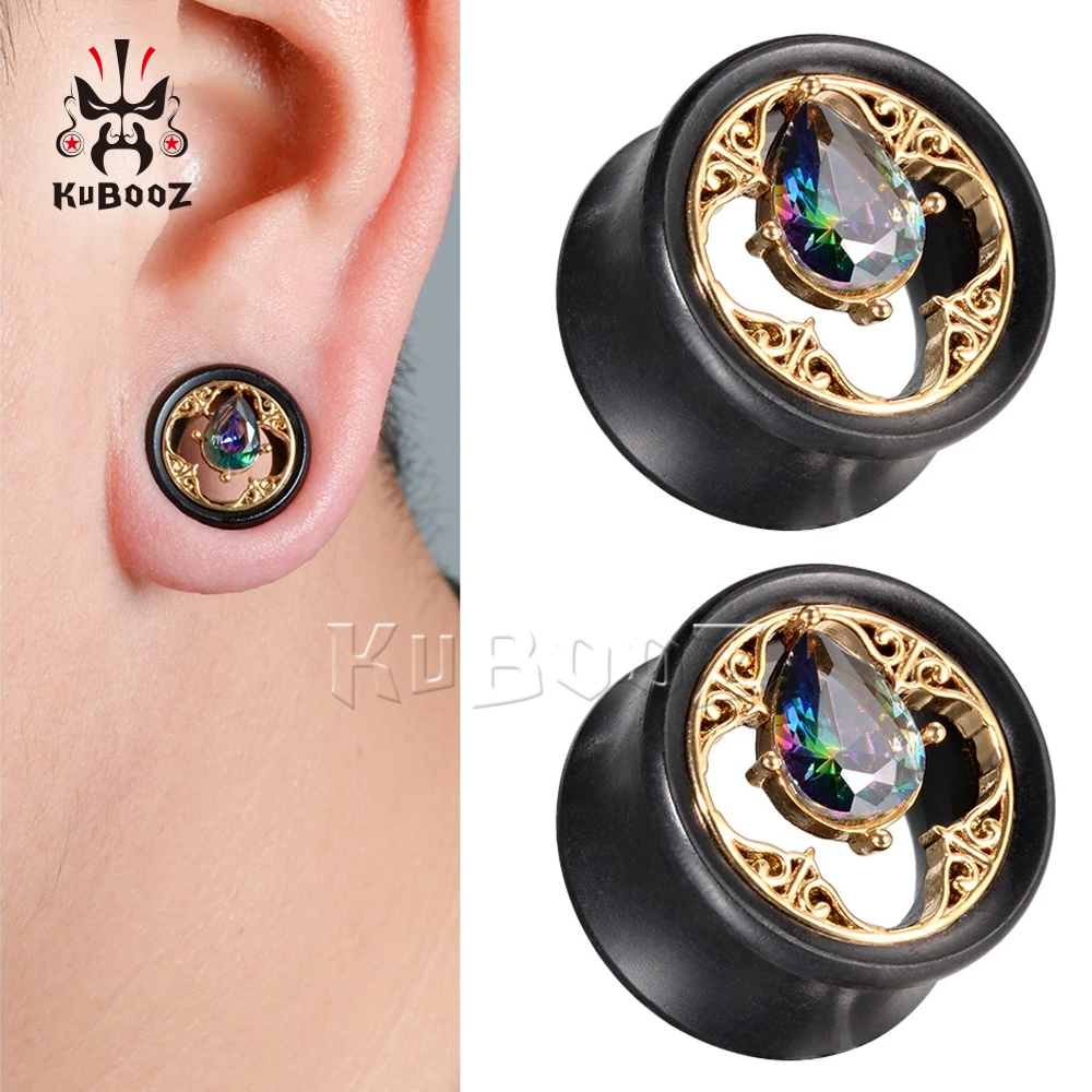 KUBOOZ Trendy Fashion Inlay Gold Zircon Wood Ear Plugs Gauges Expanders ...