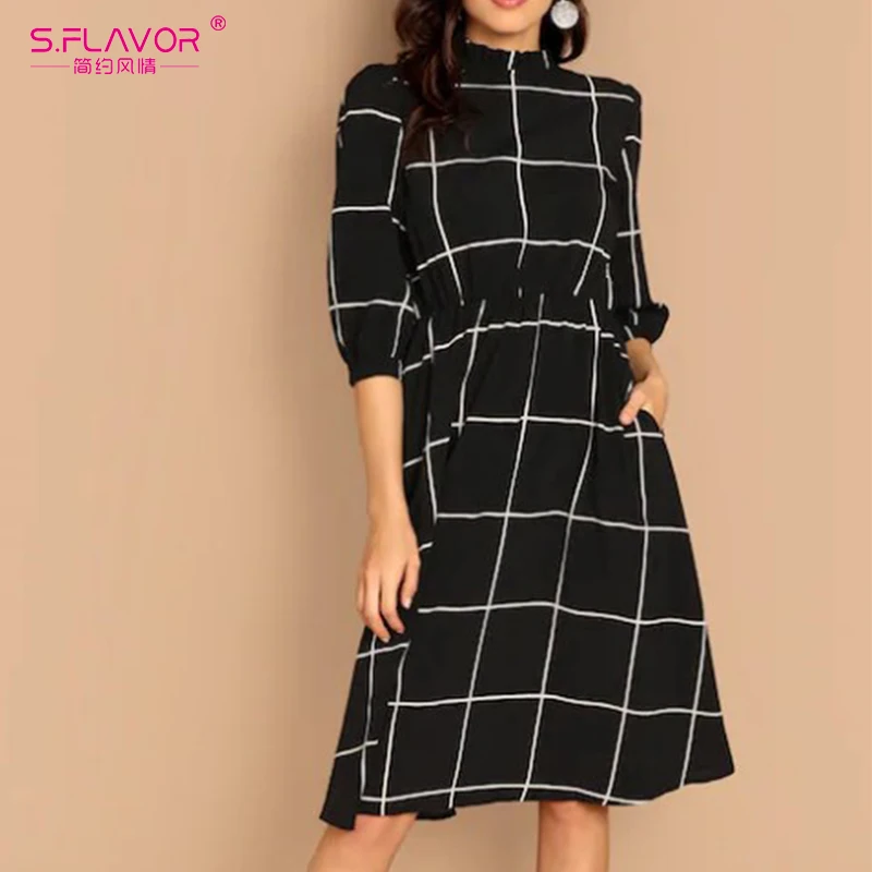 S.FLAVOR Stand Collar Simple Plaid Dress Autumn fashion Elegant Women 3 ...
