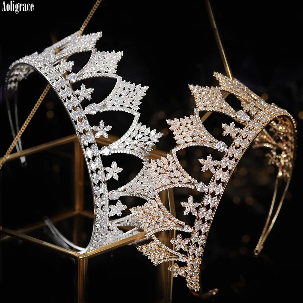 Cubic Zirconia CZ Zircon Luxury Tall Tiaras Gold Wedding Bridal Crowns ...